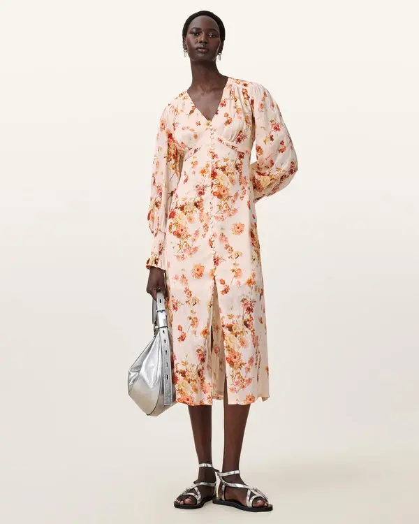 ALLSAINTS Taylen Floral Print Midi Dress - White