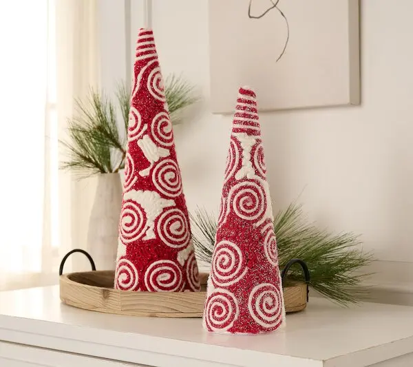 KRINGLE EXPRESS Set Of 2 Peppermint Swirl Cone Trees - One-color