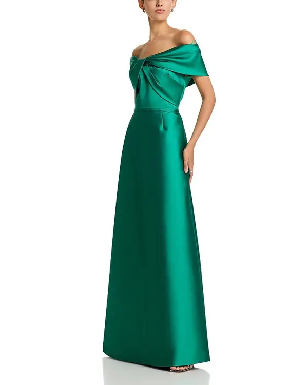 Rickie Freeman For Teri Jon Stretch Mikado Off Shoulder Twist Front Gown