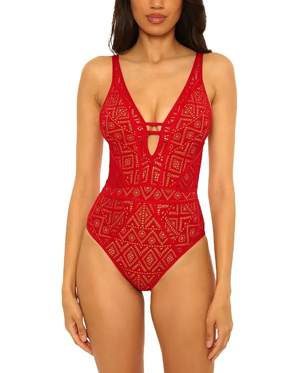 Becca By Rebecca Virtue Crochet Plunge One-piece Swimsuit - Apple/tan