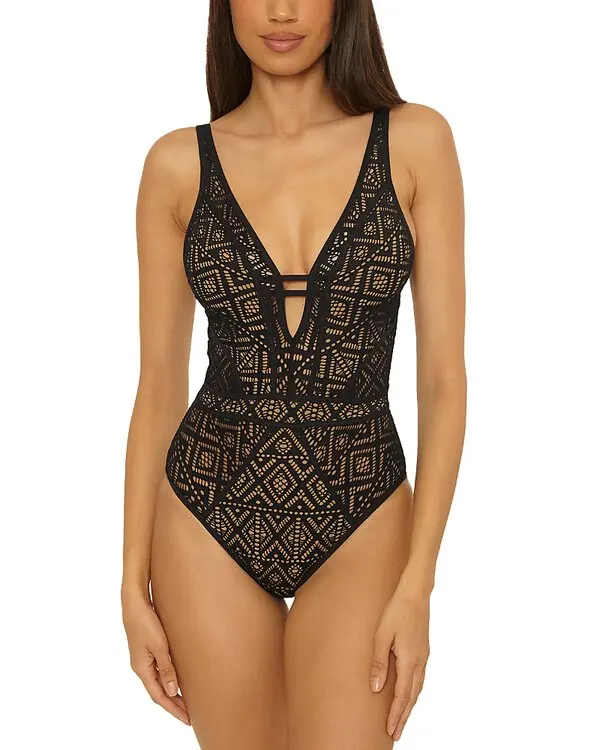 Becca By Rebecca Virtue Crochet Plunge One-piece Swimsuit - Black/tan