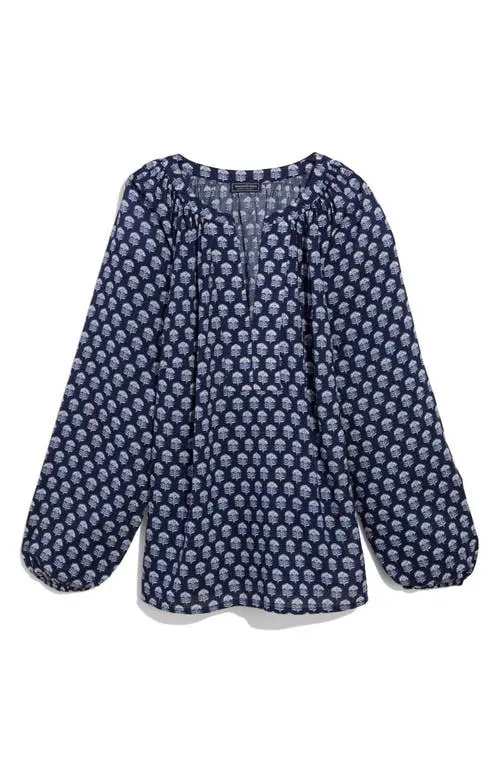 Vineyard Vines Printed Split Neck Popover Top - Avi Block Naut Navy