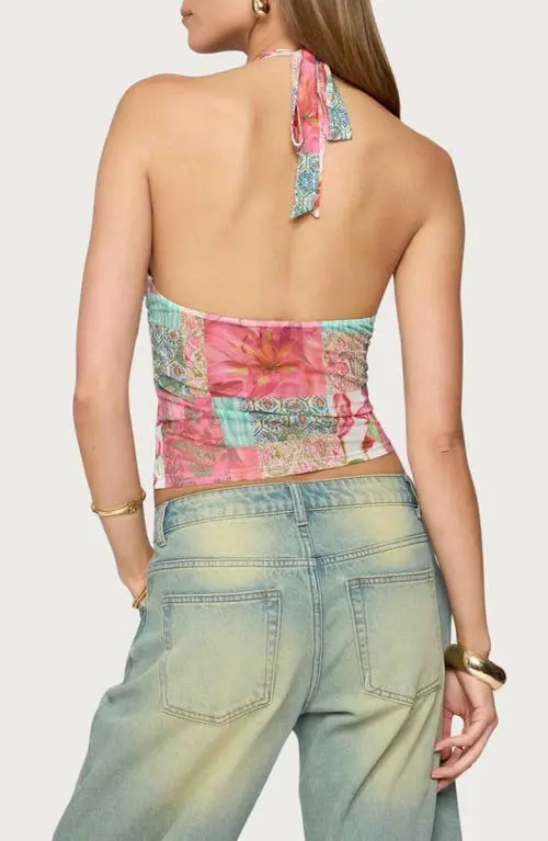 EDIKTED Patchwork Mesh Halter Top - Pink Mix