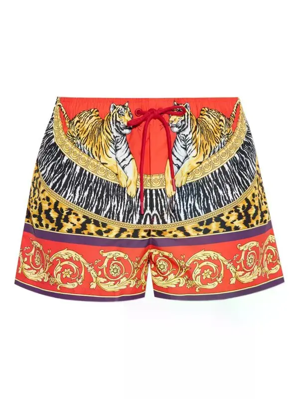 Versace Tiger-print Drawstring Swim Shorts - Red