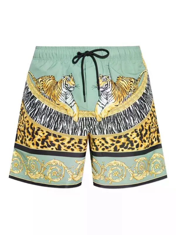 Versace Tiger-print Drawstring Swim Shorts - Green