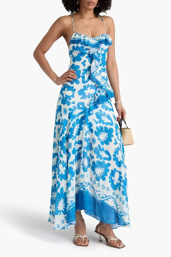 maxi dress with flounce Floral Frill Trim Sleeve Plunge Maxi Dress