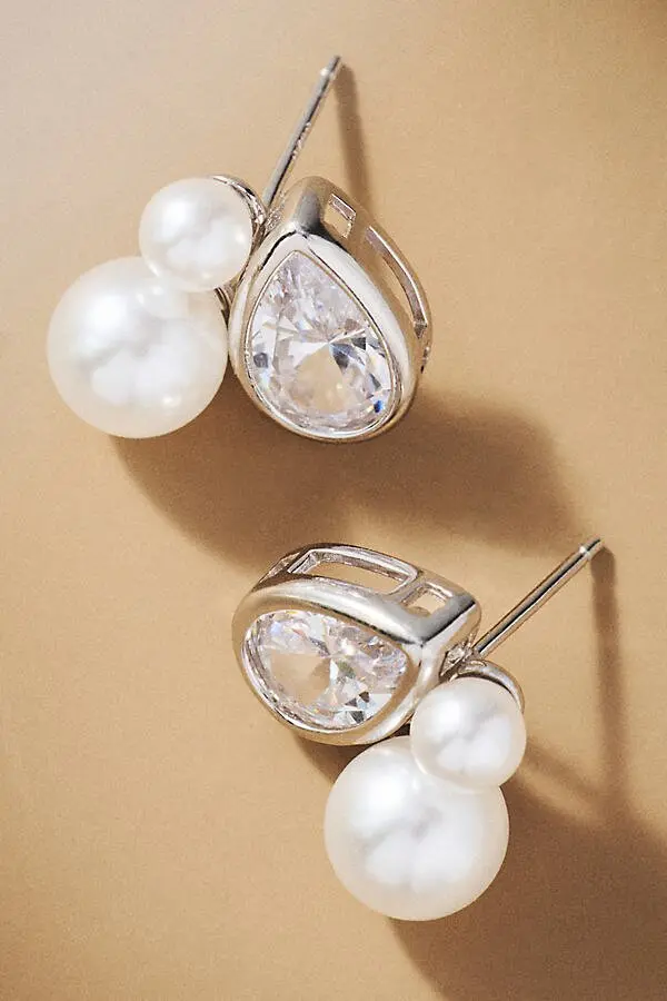 Shashi Faura Crystal & Pearl Stud Earrings - Silver