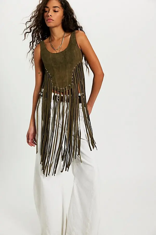 UNDERSTATED LEATHER Motive Suede Bustier With Fringe - Army Green