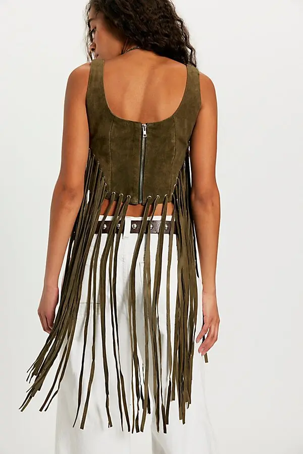 UNDERSTATED LEATHER Motive Suede Bustier With Fringe - Army Green