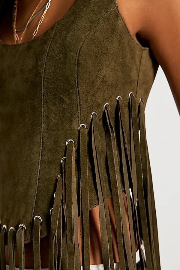 UNDERSTATED LEATHER Motive Suede Bustier With Fringe - Army Green