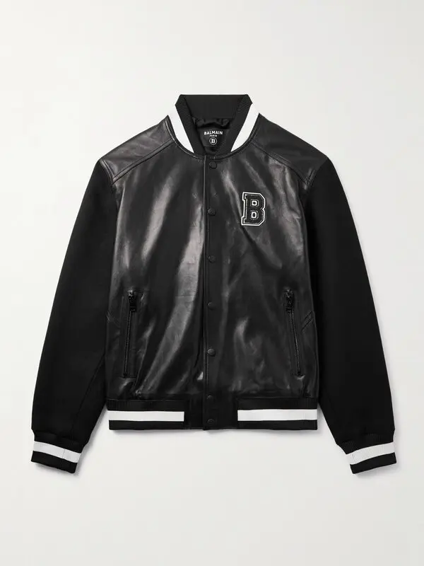 Balmain Logo-appliquéd Leather And Wool Varsity Jacket - Black