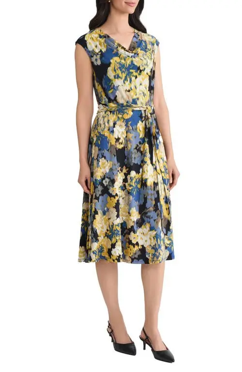 KASPER Cowl Neck Tie Waist Flare Dress