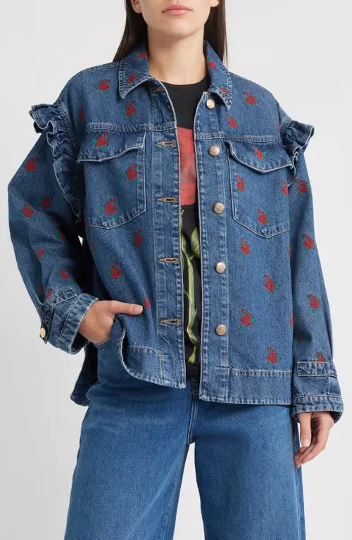 Farm Rio Floral Cross Stitch Denim Jacket - Blue Denim