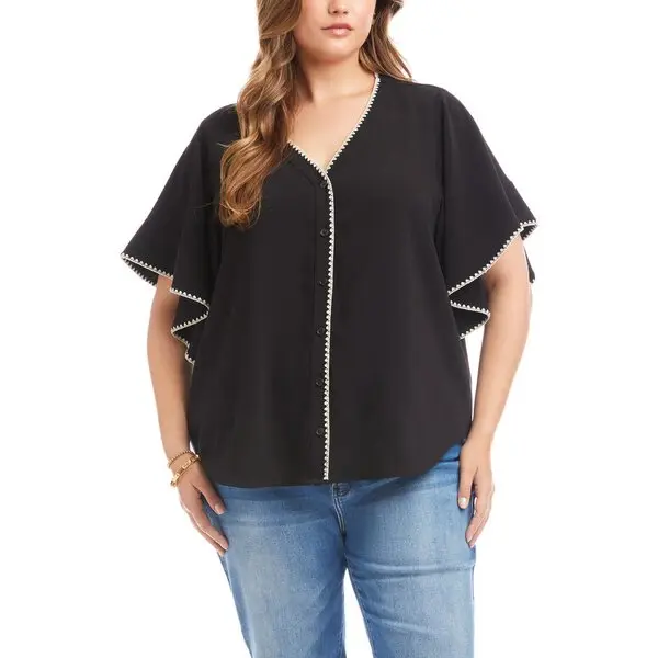 Karen Kane Edge Stitch Flutter Sleeve Top - Black