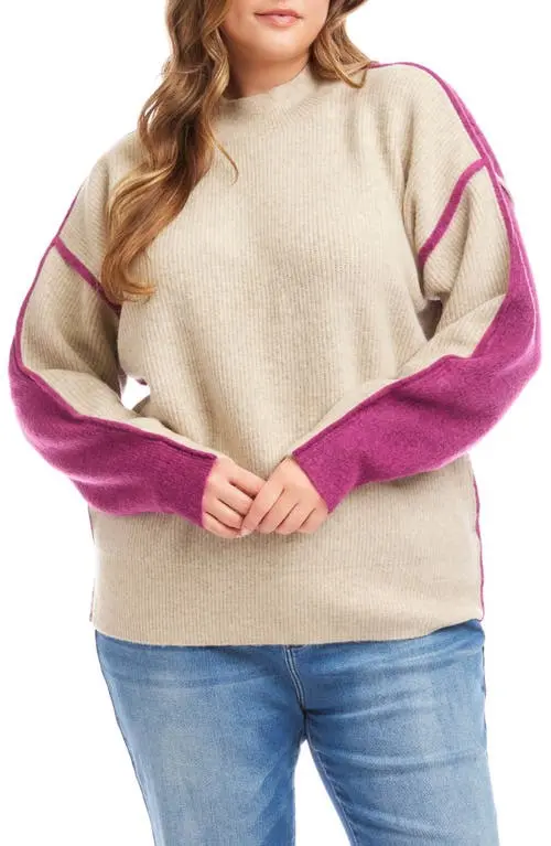 Karen Kane Colorblock Mock Neck Sweater - Oatmeal W/orchid