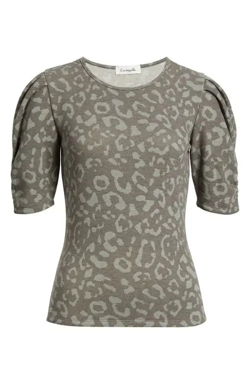 Loveappella Pleated Puff Sleeve Leopard Print Fleece Top