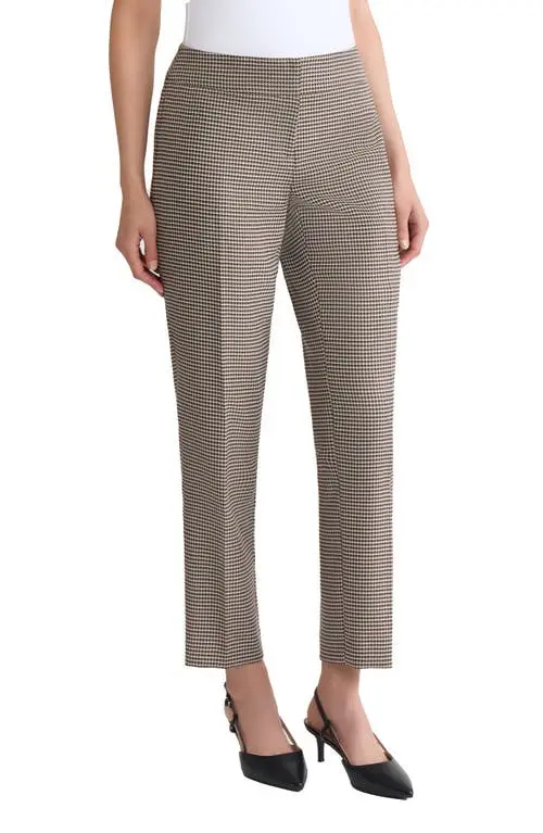 KASPER Houndstooth Flat Front Slim Fit Trousers - Black Multi
