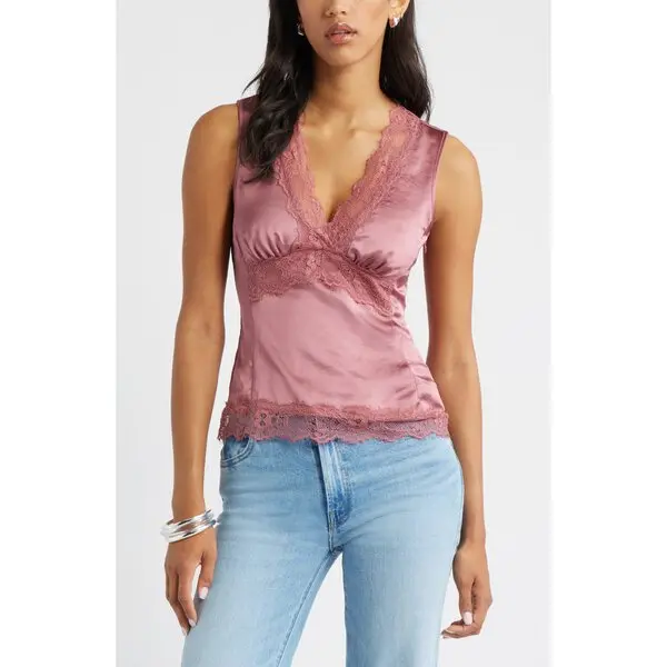 OPEN EDIT Lace Trim Satin Tank - Pink Deco