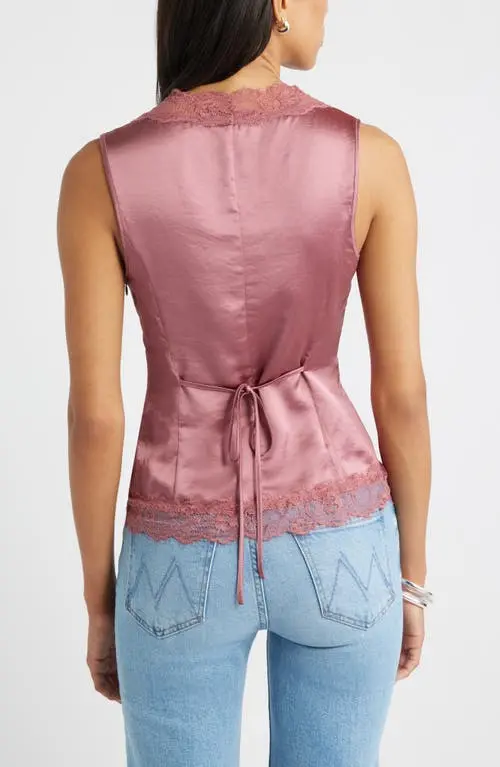 OPEN EDIT Lace Trim Satin Tank - Pink Deco