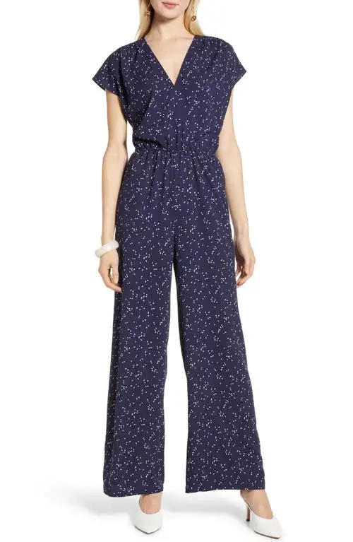 Halogen Faux Wrap Wide-leg Jumpsuit - Navy Geo Print