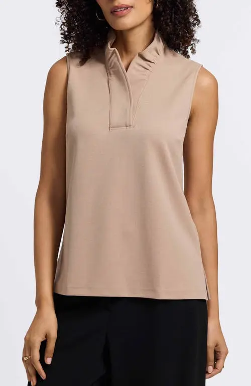 Foxcroft Tammy Ruffle Collar Crepe Sleeveless Top - Khaki