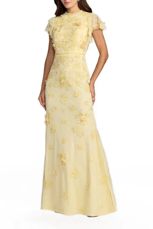 Mac Duggal Floral Embellished High Neck Gown - Butter
