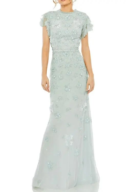 Mac Duggal Floral Embellished High Neck Gown - Periwinkle