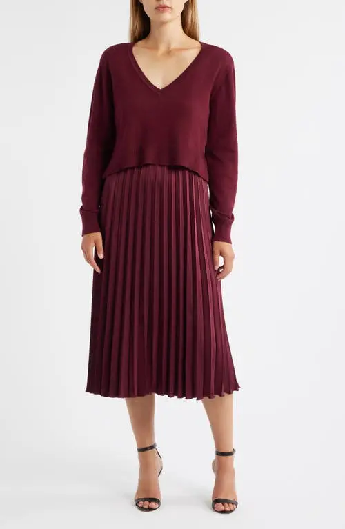 Sam Edelman Pleated Slipdress And Sweater Set - Burgundy