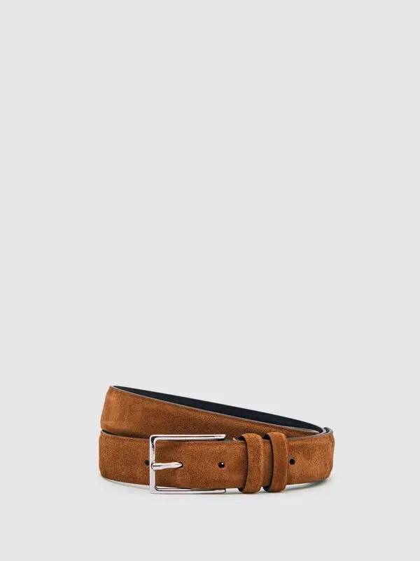 REISS Suede Belt With Silver-tone Buckle - Tobacco Brown