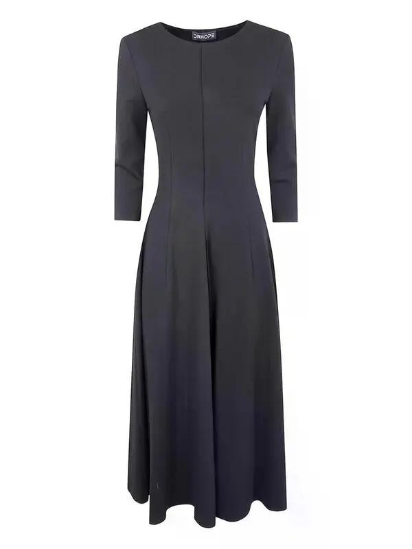 DRHOPE Quarter-sleeve Pleated Midi Dress - Black
