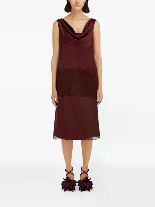 FERRAGAMO Cowl-neck Lace-insert Midi Dress - Red