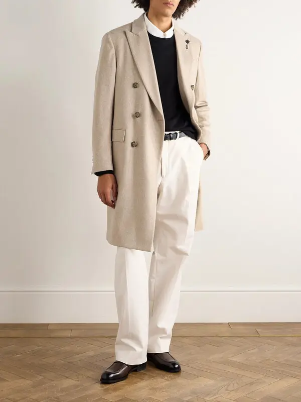 LARDINI Slim-fit Double-breasted Brushed Virgin Wool Coat - Neutrals