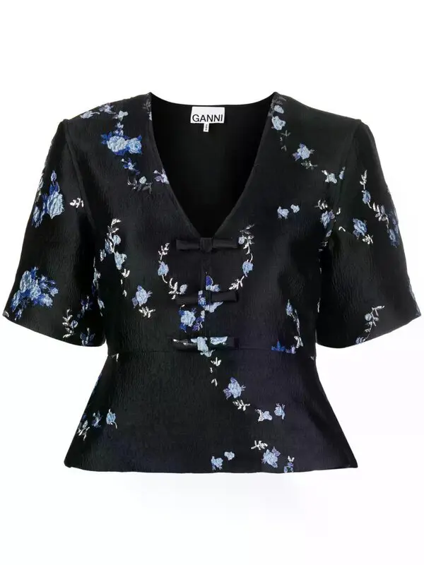 GANNI Floral-jacquard V-neck Blouse