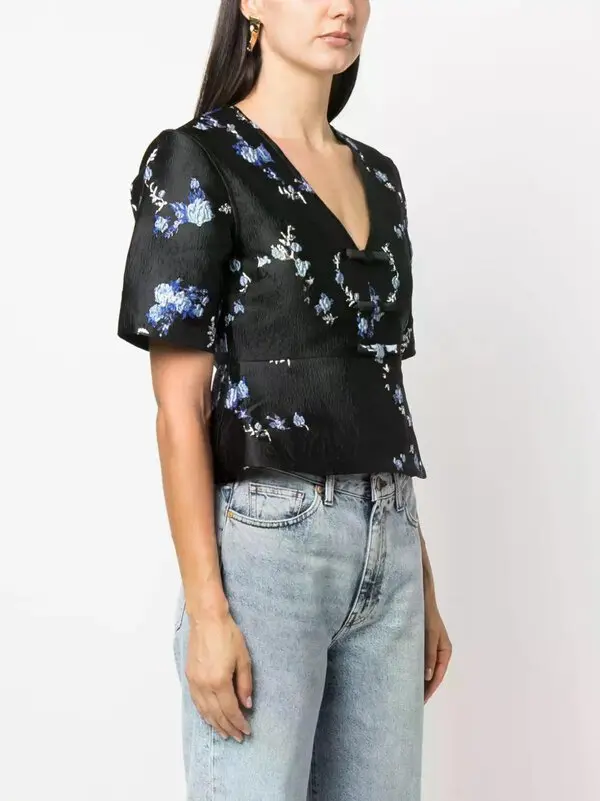 GANNI Floral-jacquard V-neck Blouse