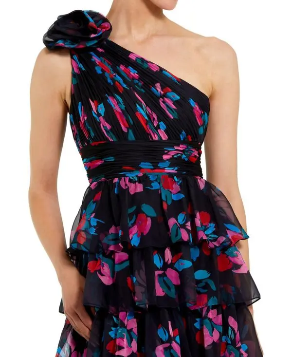 Mac Duggal One Shoulder Printed Chiffon Tiered Ruffle Gown