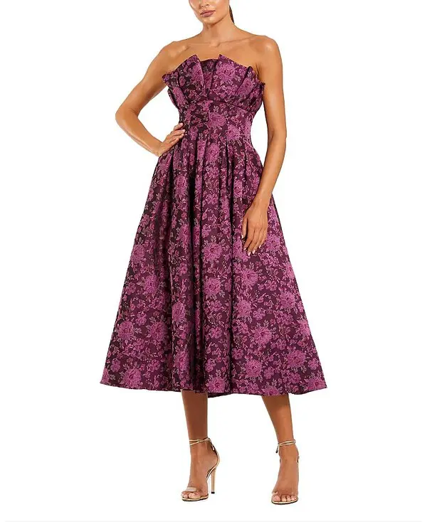 Mac Duggal Strapless Floral Brocade A-line Midi Dress