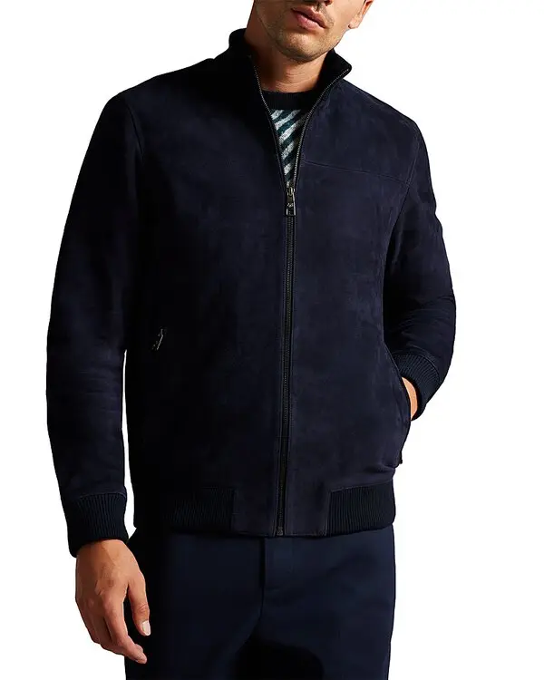 Ted Baker London Peveril Suede Funnel Neck Bomber Jacket - Navy