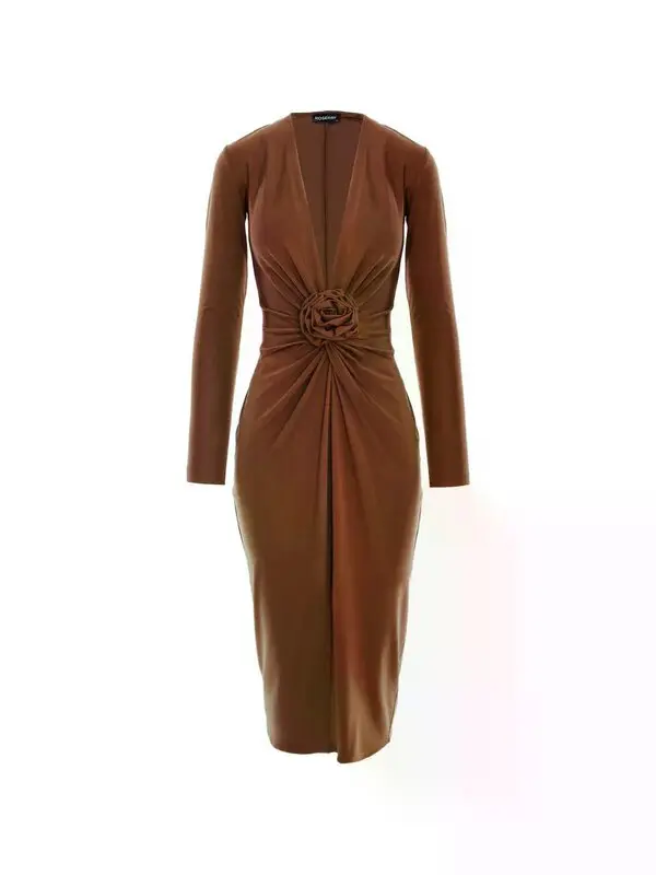 ROSERRY Rose-embellished Twist-front Midi Dress - Brown