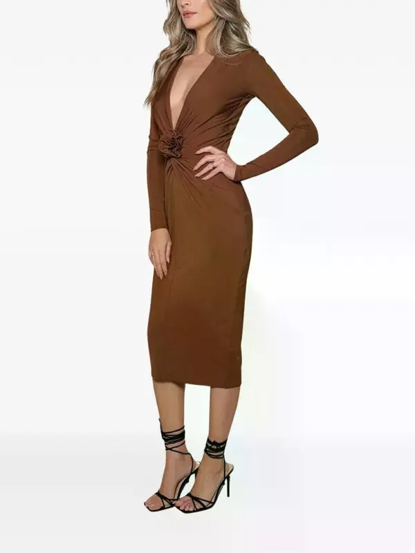 ROSERRY Rose-embellished Twist-front Midi Dress - Brown