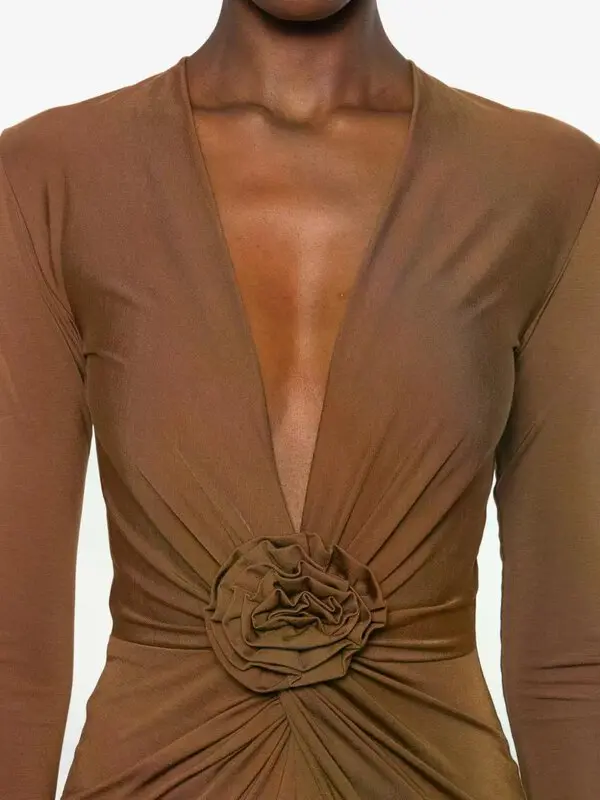 ROSERRY Rose-embellished Twist-front Midi Dress - Brown
