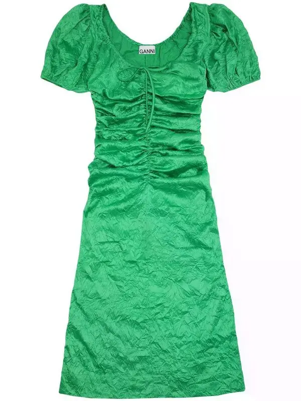 GANNI Crinkled-effect Puff-sleeve Midi Dress