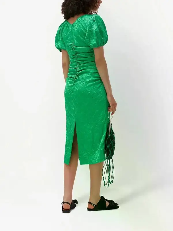 GANNI Crinkled-effect Puff-sleeve Midi Dress