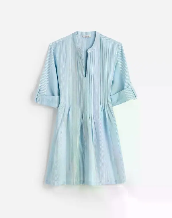 Madewell Pleated Split-neck Mini Shirtdress In Stripe