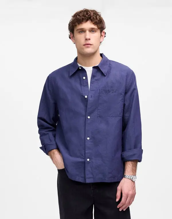 Madewell Button-up Shirt In Cotton-linen Blend - Dark Indigo