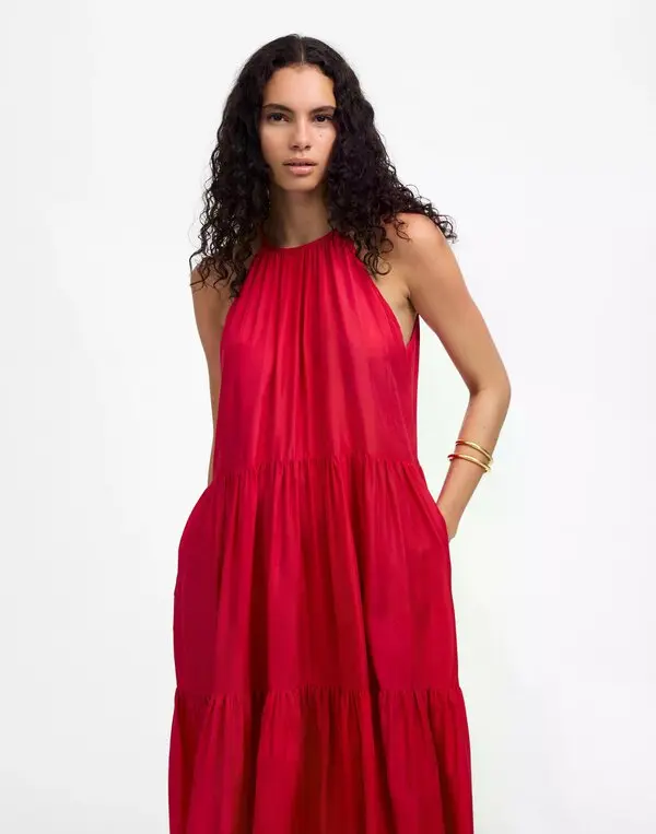 Madewell Habotai Silk Tiered Halter Dress