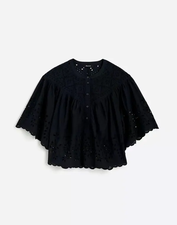 Madewell Embroidered Shirred Henley Top - Jet Black