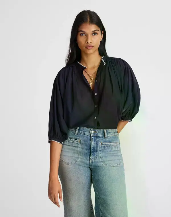 Madewell Embroidered Shirred Button-up Top