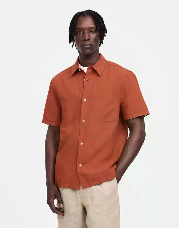 Madewell Button-up Short-sleeve Shirt In Cotton-linen Blend - Terracotta