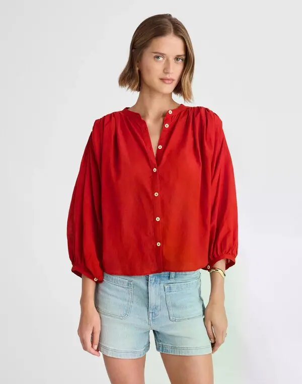 Madewell Shirred Crewneck Button-up Top - Cherry Red