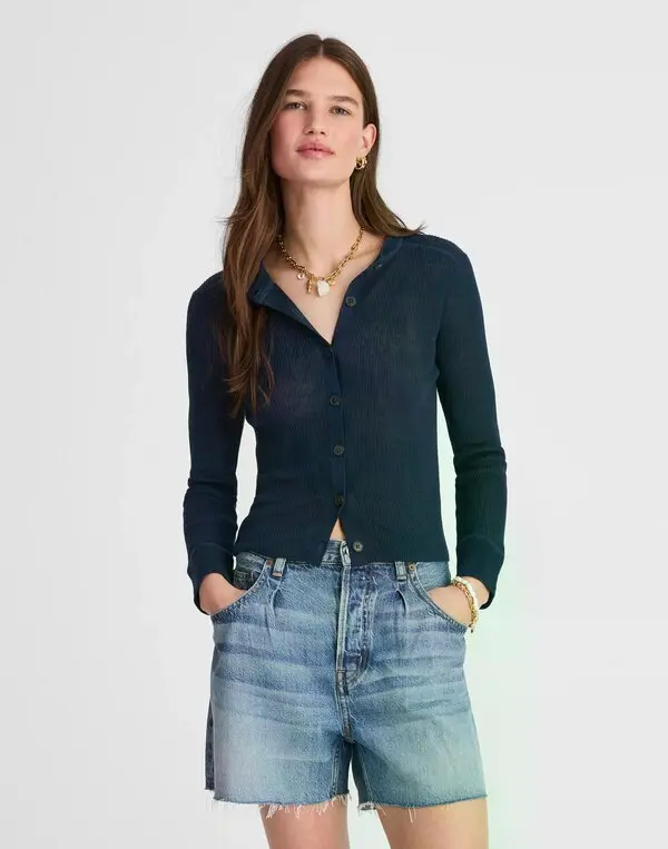 Madewell Linen-blend Crewneck Cardigan - Deep Navy